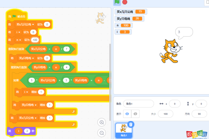 Scratch枚举算法,编程枚举算法案例(百鸡问题) Scratch编程